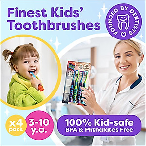4-Pack of Kids Childrens Toddler Child Sized Brush Heads (3-8 Year Old) Boys Blue Purple Green Extra Soft Bristle Easy Grip BPA Free Toothbrush Set w/ Suction Base w/ Travel Dust Covers