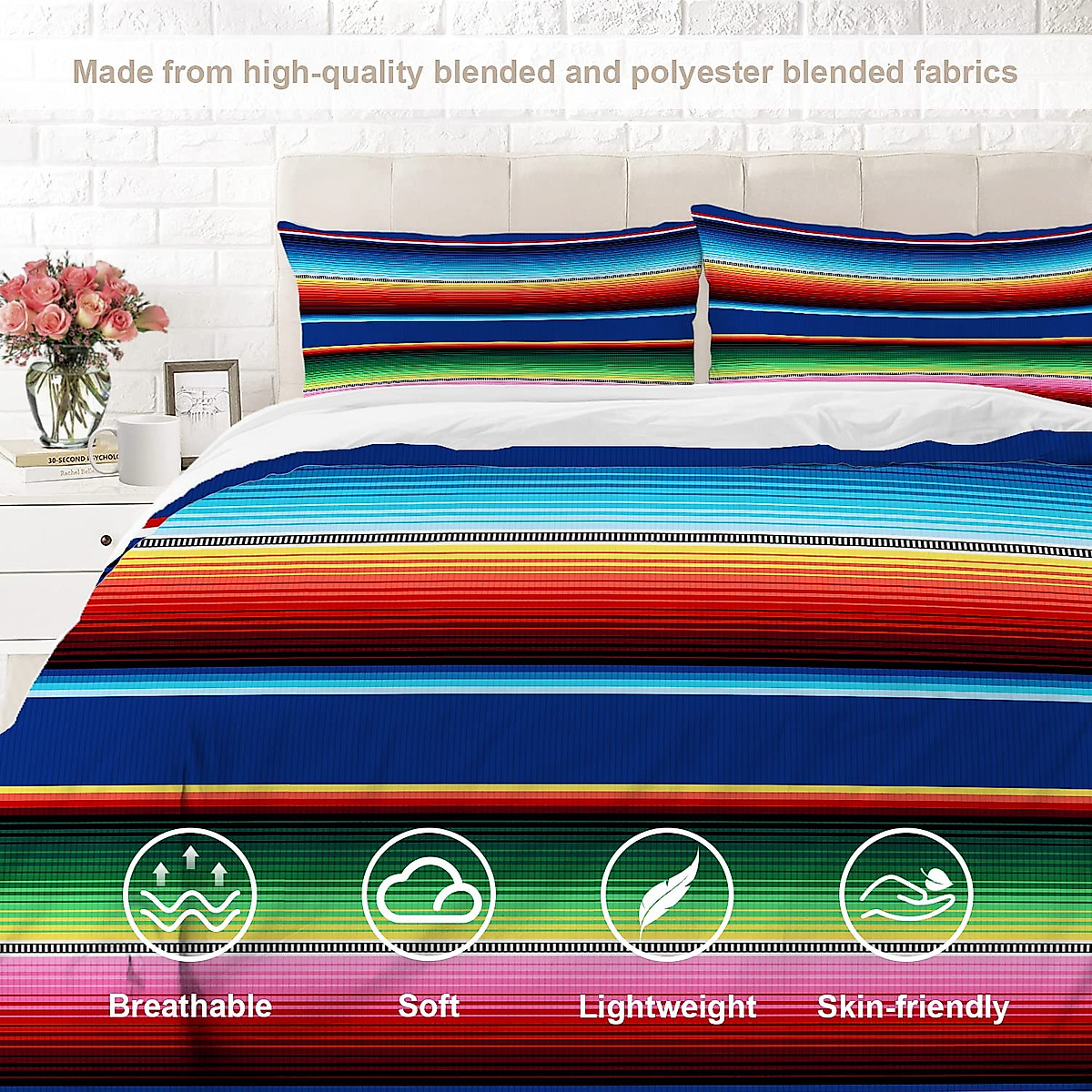 BaoNews Purplish Blue Mexican Stripes Duvet Cover Set King Size,3 Pieces Red Ethnic Serape Bedding Set Hotel Quality 100% Cotton Comforter Cover Set with 2 Pillowcases(No Filler)