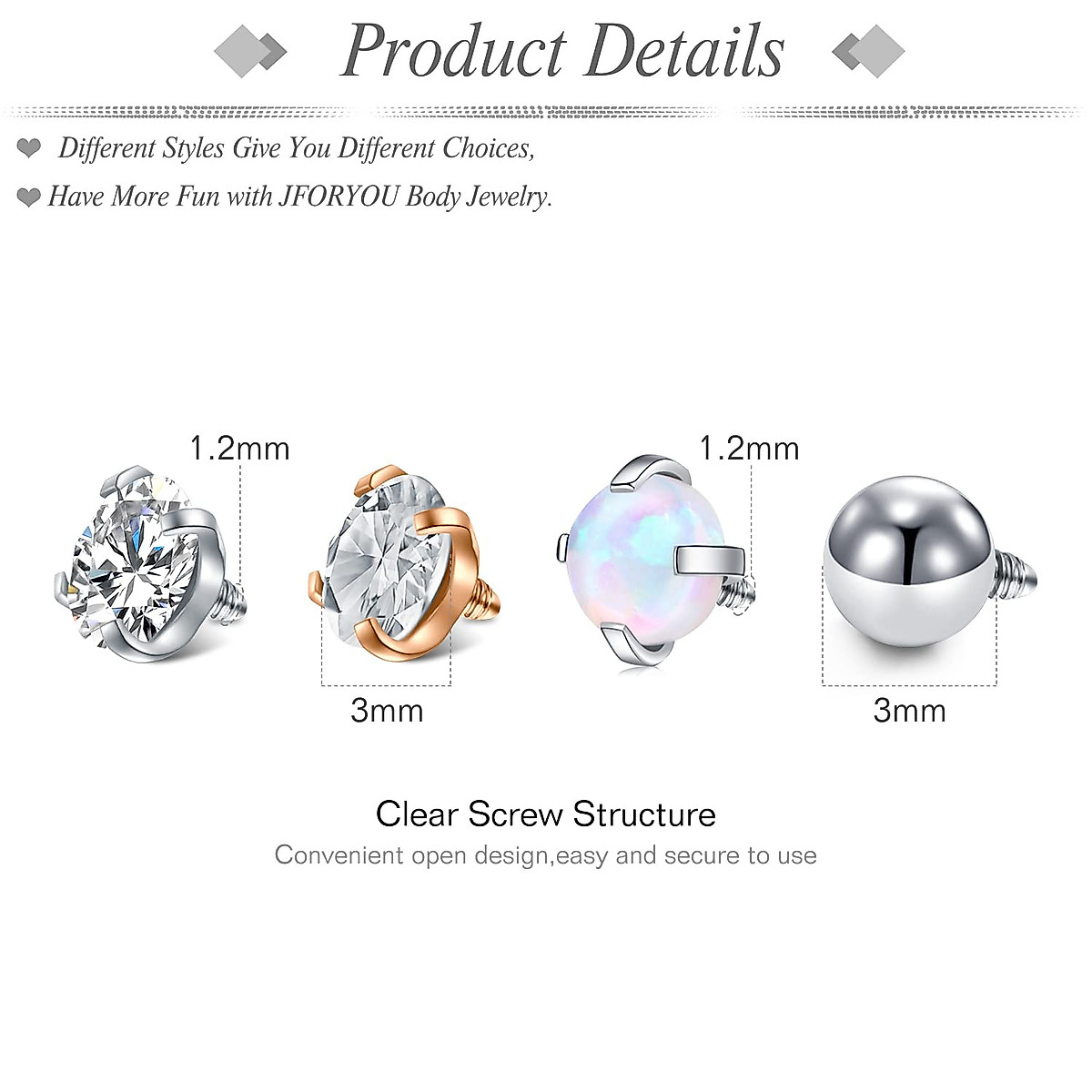 JFORYOU 12Pcs Replacement Balls For Piercings 16G Internally Threaded Piercing Jewelry Parts for Septum Eyebrow Lip Ring Helix Tragus Piercing