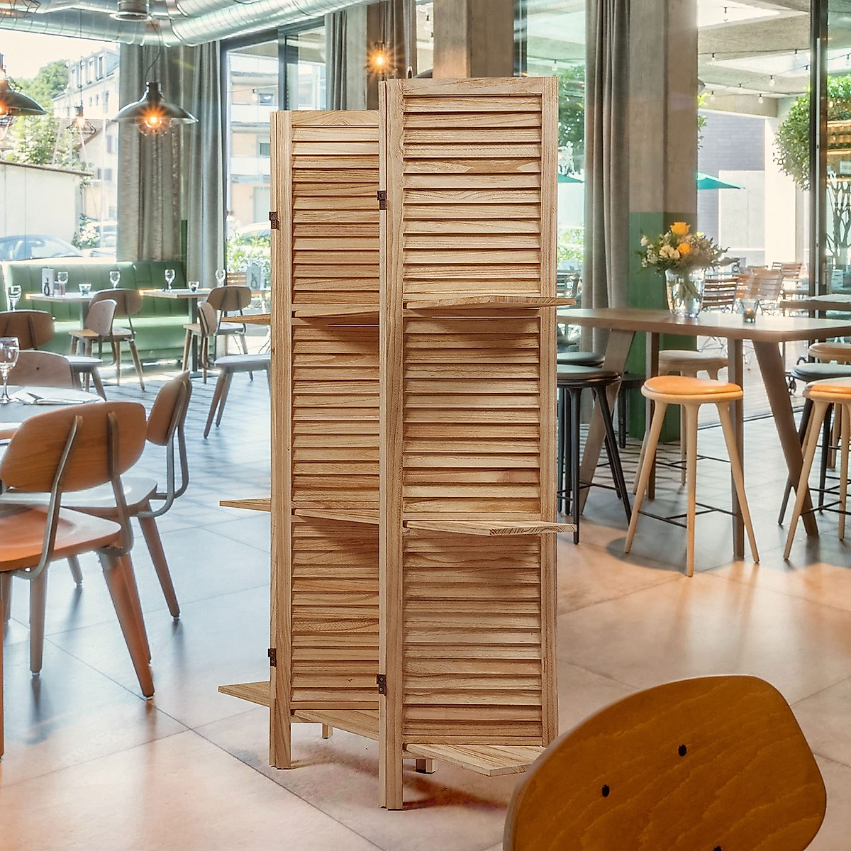 JAXPETY 4-Panel Wood Louvered Room Divider with Wide Transverse Boards, 5.6 Ft Tall Oriental Folding Freestanding Privacy Screen Room Dividers for Home, Office and Bedroom, Nature