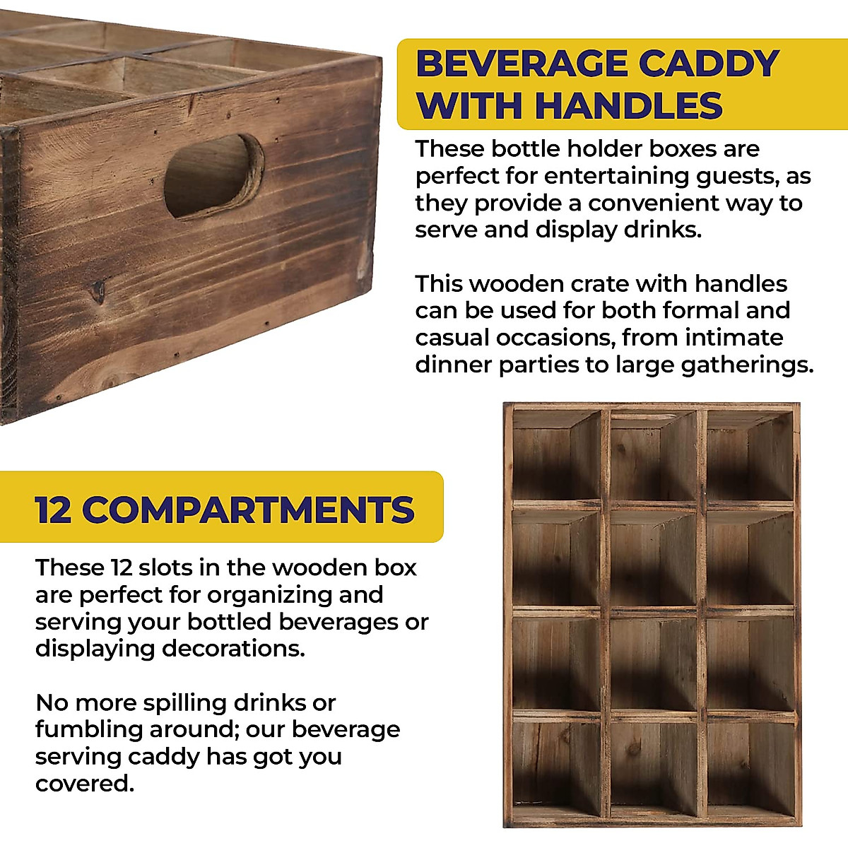 DFW Consumables - Farmhouse Wooden Crates for Display, 13" x 10" Wooden Bottle Caddy with 12 Individual Slots, Decorative Boxes with Carrying Handles