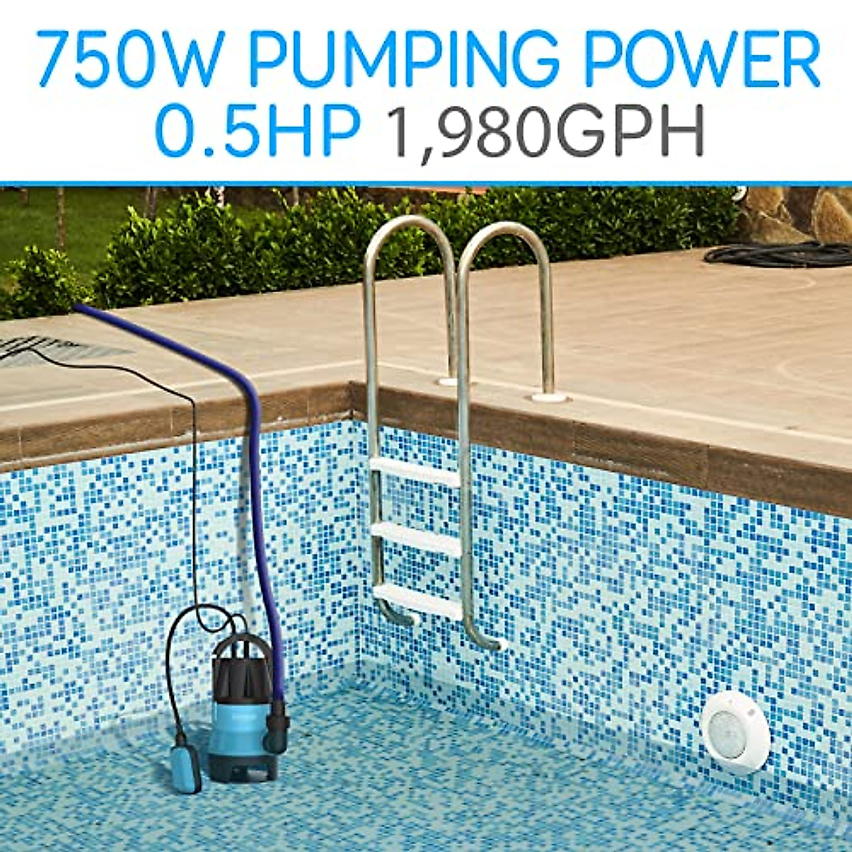 SereneLife Submersible Sump Pump for Pool Draining 400W 1/2HP 1981GPH Bonus 2 Fitting Attachments for USA Garden and Flat Hose, Clean Dirty Water, Auto Float Switch Garden, Yard, Swimming, Tub, Pond