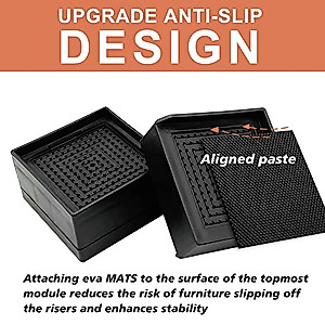 JONHWI Bed Risers, Furniture Raise Blocks, 3 inch Stilts Heavy Duty for Bed Couch Desk Sofa Table Lifts, Furniture Legs Lifters Support up to 1300 Lbs (Black, 8 Pack Set)