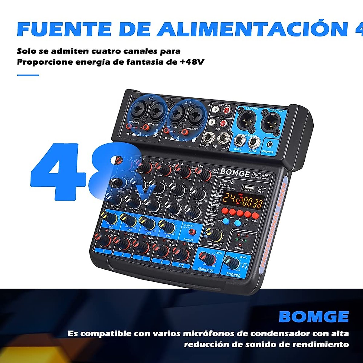 BOMGE 6 Channel mini DJ Audio sound mixer console with USB interface, Bluetooth, Stereo Recording, 48V Phantom Power, 24 DSP effects for karaoke, singing, live，streaming，pc recroding. (white)