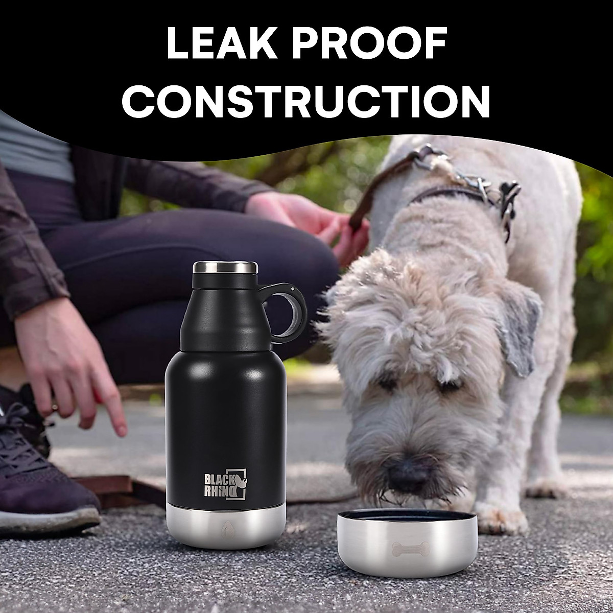 Black Rhino 32oz Multi-Functional Dog Water Bottle & Detachable Bowls - Black | Portable Travel Hydration Solution for Hiking, Camping, Outdoors | Leakproof, Durable & Convenient for Pet Owners