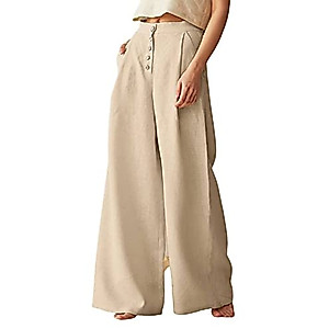 chouyatou Women's Summer High Waisted Cotton Linen Palazzo Wide Leg Casual Pants with Pockets (Large, Khaki)