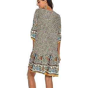 Women's Casual Floral Print Tie Neck Short Sleeve Summer Tunic Boho Dress Plus 2X Beige