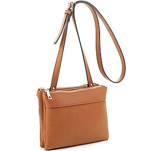 Soft Vegan Leather Large Zipper Compartment Simple Minimalistic Travel Crossbody Bag Purse (Brown)