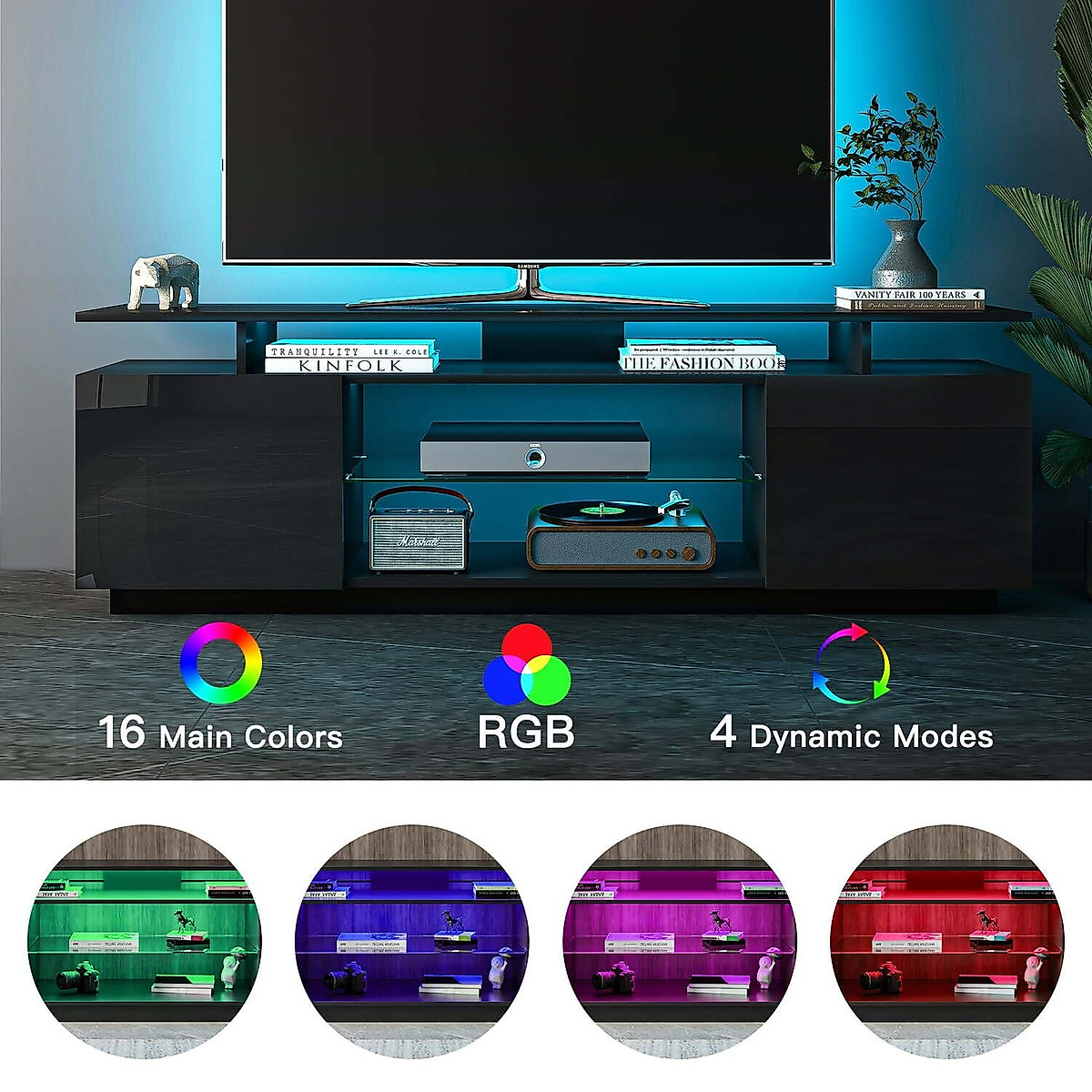 DMAITH Black LED TV Stand for 65 70 75 Inch TV, Modern High Gloss Gaming Entertainment Center with Large Storage Cabinet, TV Media Center with Display Glass Shelves for Living Room, Bedroom