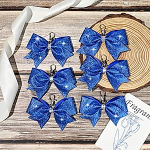Aileam 6 PCS Cheer Bow Key Chain Glitter Blue Hair Bow with Rhinestones & Sequin for Girls Sports Cheerleader Accessories