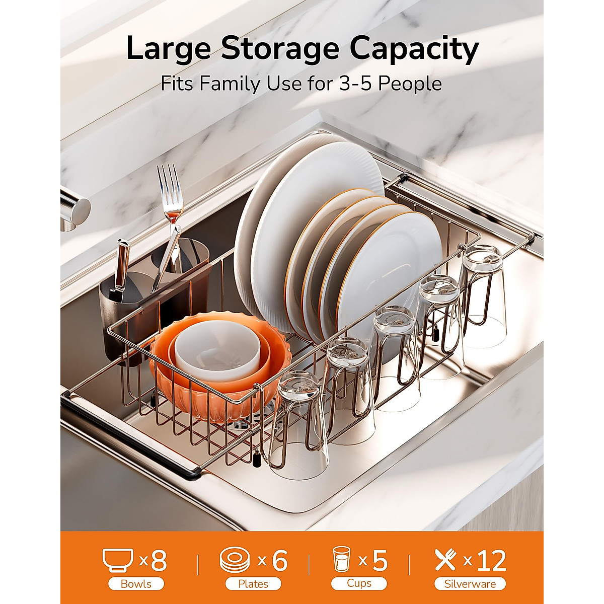 ULG Dish Drying Rack Kitchen Sink Dish Drainer Stainless Steel in/Over The Sink Drying Rack for Dishes Plates Glasses Silverware with Cup and Cutlery Holders Quick Drying Arms Extendable, Medium Size