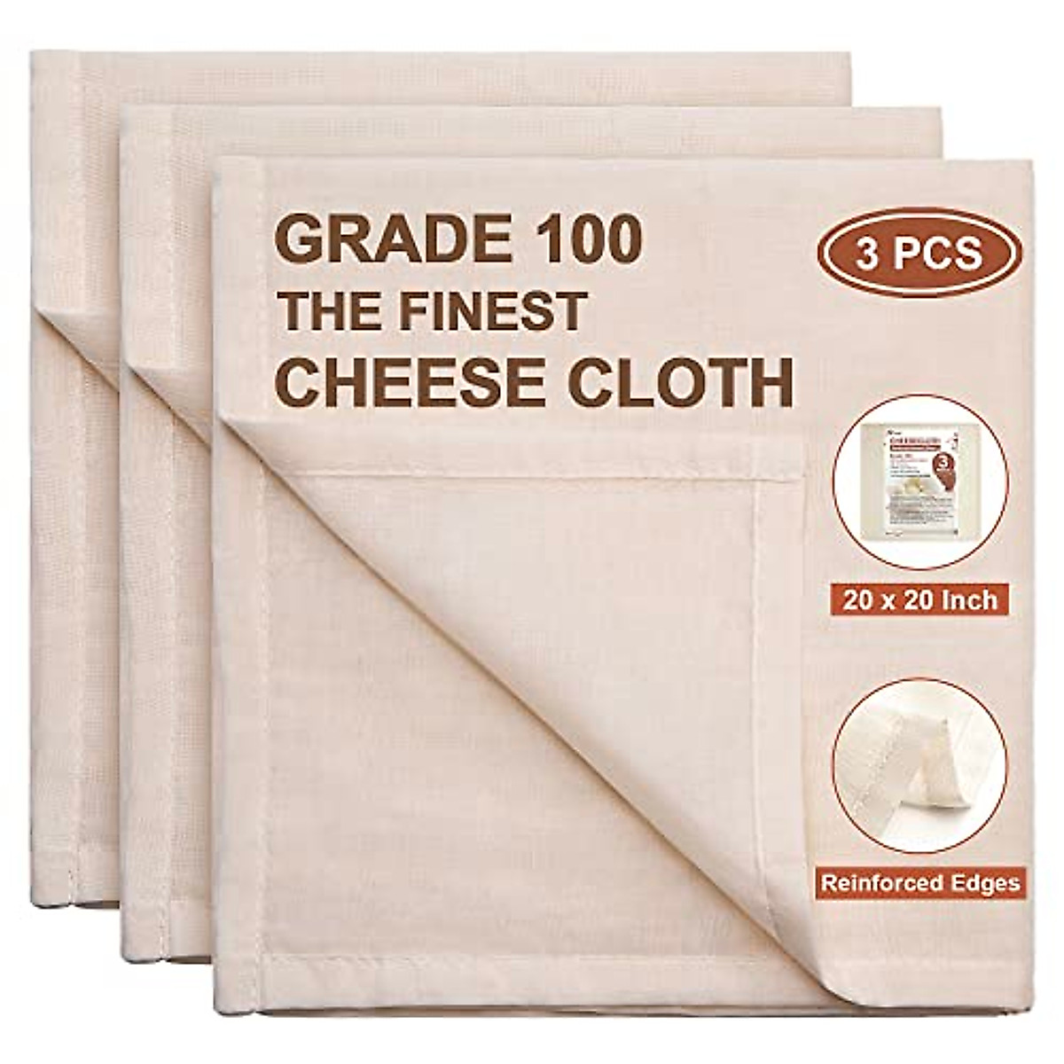 eFond Cheesecloth, Precut 20x20Inch, Grade 100 Hemmed Cheese Cloths for Cooking Reusable and Washable, 100% Unbleached Pure Cotton Muslin Cloths for Straining Butter, Cheese, Nut Milk (3 Pieces)