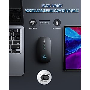 Uineer Bluetooth Mouse, LED Rechargeable Wireless Mouse(BT 5.1+2.4G), Silent Computer Mice for Laptop Desktop, MacBook, Windows, Mac OS,Black