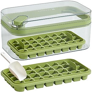 GOHOLE Ice Cube Trays for Freezer with Lid and Bin, 64 Ice Cubes, 2 Trays, Container, Lid & Ice Scoop (Green)