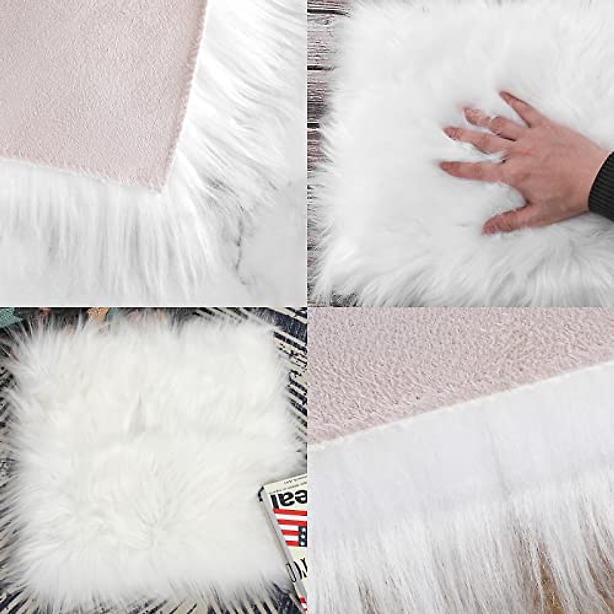 Molain 25 cm Small Rugs Fluffy Faux Fur Chair Pad Cover Rug Fuzzy Cushion Photography Props Background Nail Mat Carpet Christmas Party Decorative Home Living Room Sofa Bedroom Floor (White Square)