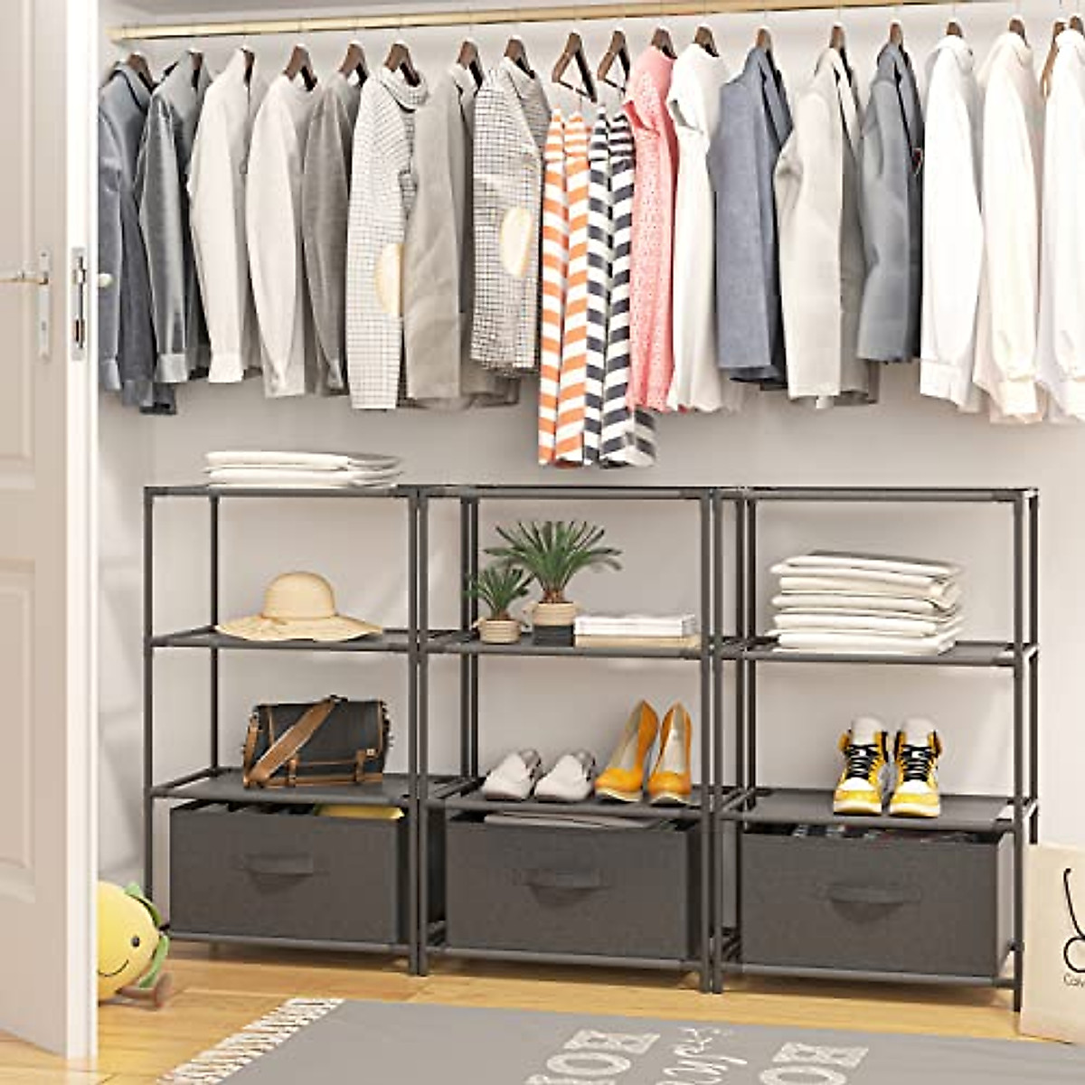 Iwaiting Outdoor 4 Tier Closet Organizers and Storage, Clothes Storage Organizer with 1 Drawer, Practical Storage Shelves for Storing Clothes, Bag and Other Items (Grey)