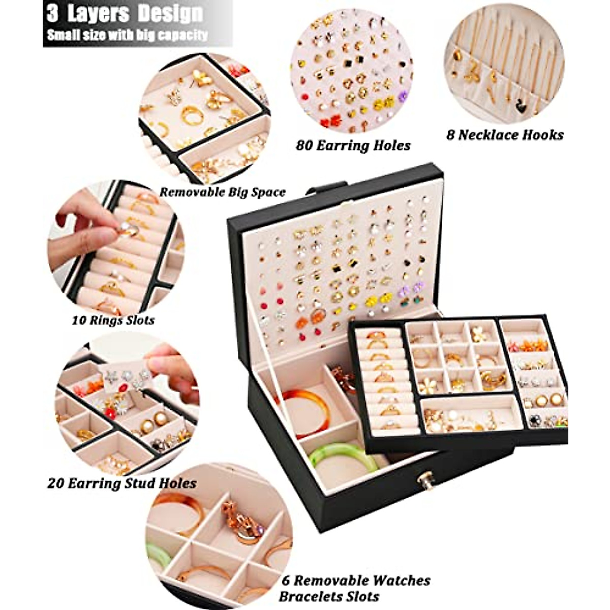 QBestry Stud Earring Organizer for Women Mens Black Jewelry Box for Earrings Necklace Jewelry Organizer,Girls Earring Box for Womens Necklace Holder Rings Organizer Bracelet Earring Storage Case,Black