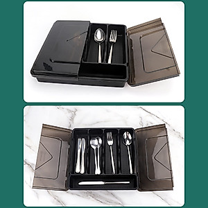 RNCOZE Utensil Holder for Countertop with Lid, 5 Compartments Flatware Organizer, Portable Flip Cover Silverware Organizer Storage Case, Plastic Silverware Tray for Drawer Countertop