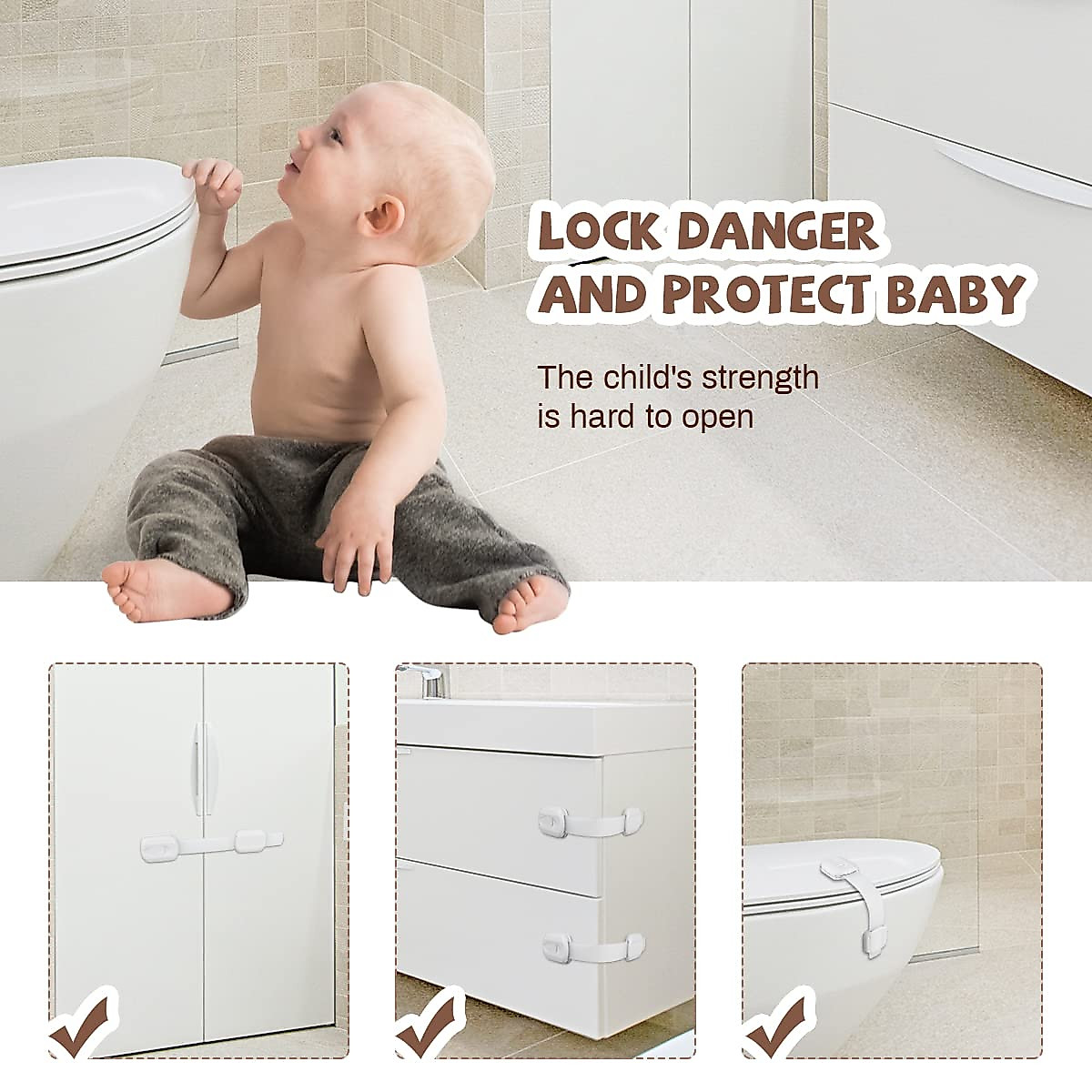 6 Pack Baby Safety Strap Locks Child Proof Locks with Adhesive Pads, Easy Installation, No Drilling, Adjustable Strap Latches for Drawers, Toilet, Fridge, Dishwasher (White)