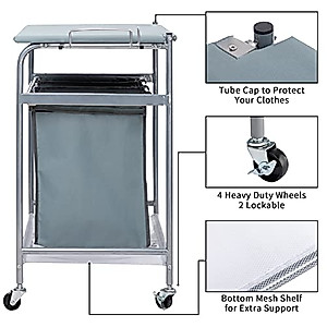 ALIMORDEN Laundry Sorter with Ironing Board Iron Rack Rolling Laundry Basket with Side pull 3-Bag Heavy-Duty Laundry Room Organizer Clothes Hamper with 4 Wheels and lid Blue Grey