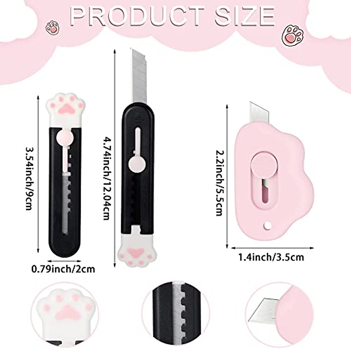 12 Pieces Cute Box Cutter Utility Retractable Knives, 6 Cartoon Cat Claw Box Cutters Pointed, 6 Cloud Pointed Cute Cardboard Cutter Razor Knife Smooth Pointed Mechanism for Office and Home Use