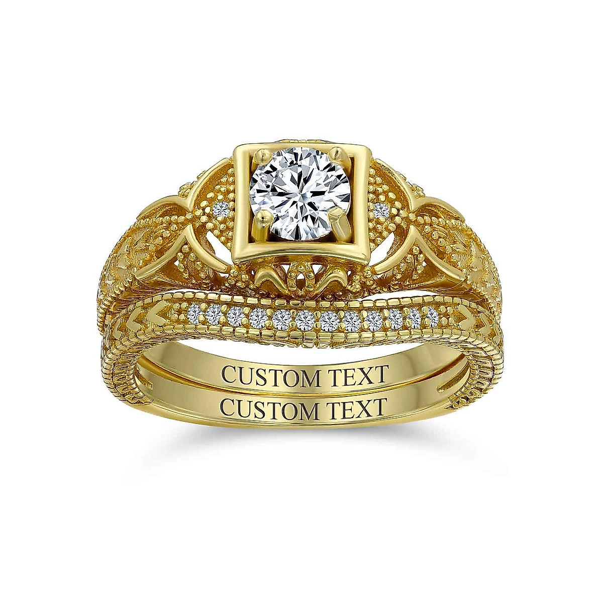 1CT Deco Style Solitaire Round AAA CZ Pave Contoured Band Engagement Wedding Ring Set 14K Gold Plated Sterling Silver