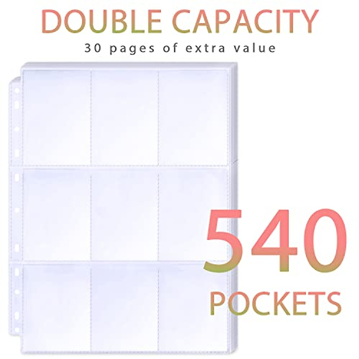 30 Pack 540 Pockets Trading Card Sleeves, Double-Sided 9 Pocket Page Protector, Ultra-Transparent Card Sheets for 3 Ring Binder, Card Sleeves for Cards, Baseball Cards
