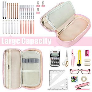 Idefair Cute Pencil Case, Preppy Pencil Pouch Aesthetic Pen Case with Finger Loop, Large Capacity Pencil Bag with Double Zipper School Supplies for Girls (Pink, Letter A)