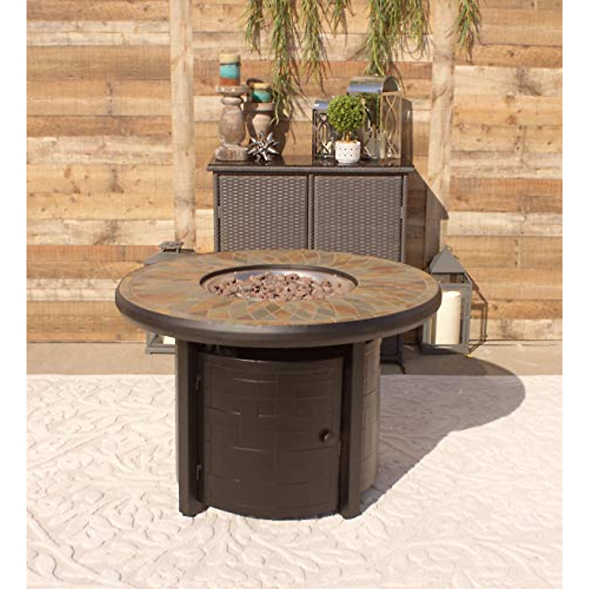 Pebble Lane LIving 42" Natural Slate and Copper Top Outdoor Propane Gas Fire Pit Table: Powder-Coated Black Frame
