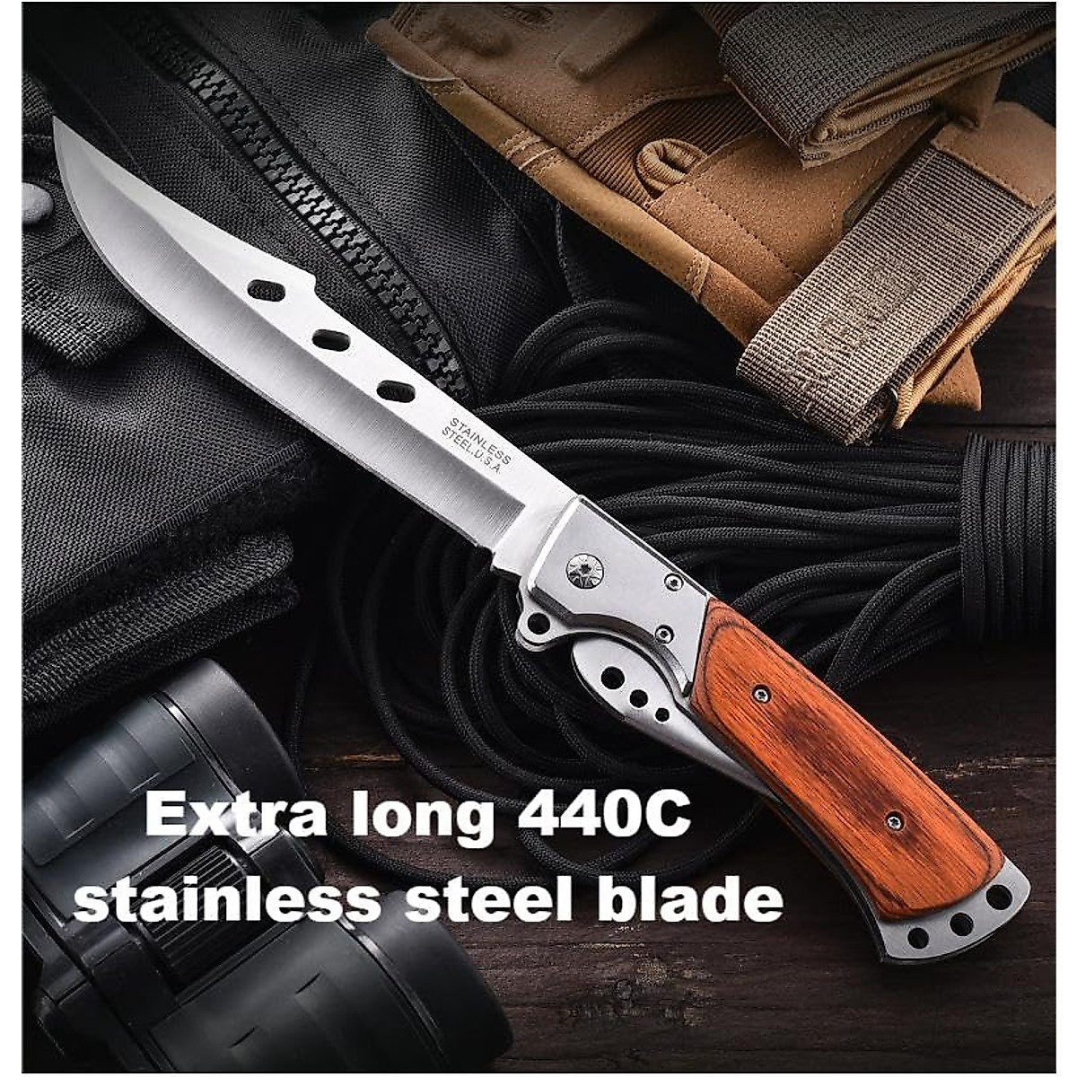 DOOM BLADE Long Blade Pocket Folding Knife - Sharp Survival Work Knives-Foldable Large Knife with Rosewood Handle,Gift for Dad Husband,for Hunting,Hiking,Camping (1 Knife)