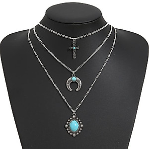 IDesign Western Layered Necklace for Women Cowgirls Turquoise Stone cross Western Cowboy Necklaces Bull Head Necklace Jewelry for Women