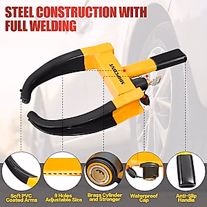 Wheel Lock Universal Trailer Wheel Lock Adjustable Security Tire Boot Lock Anti Theft for ATV RV SUV Car Golf Cart Boats Motorcycles Great Deterrent Bright Black-Yellow (3 Keys)