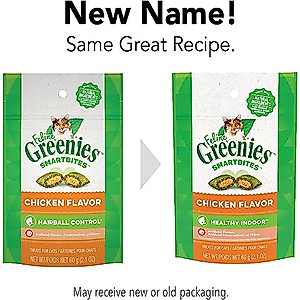 Feline Greenies Smartbites Healthy Indoor Cat Treats, Chicken Flavor, 2.1 Oz, (3 Pack)