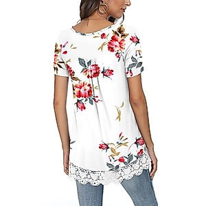 POPYOUNG Women's 2023 Spring-Summer Casual Short Sleeve Tunic Tops Ruffle Button Loose Blouse Lace Hem T-Shirts L, Floral White