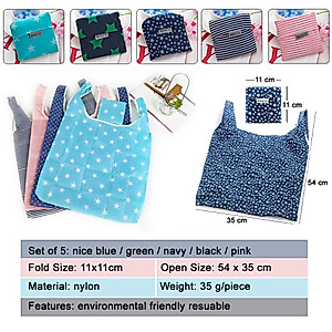 Bagcu Set of 5 Reusable Grocery Shopping Bag, Foldable Shopping Tote, Handy Shape Nylon Recycling Bags for Shopping, Buying Vegetables, Outdoor Travel, Camping, Hiking