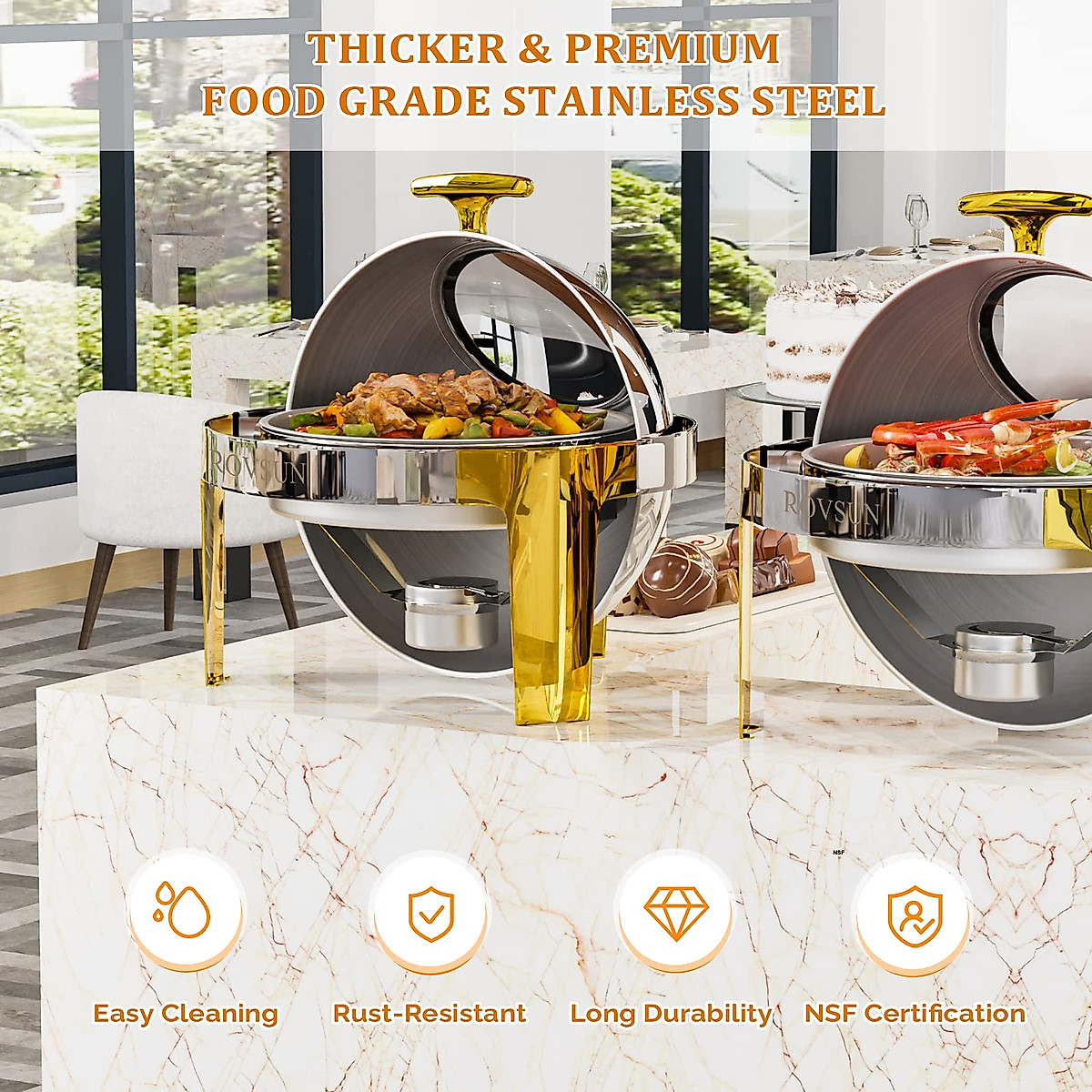 ROVSUN 2 Packs Roll Top Chafing Dish Buffet Set Gold Accent,NSF 6 Quart Round Stainless Steel Chafer, Buffet Servers and Warmers Set with Glass Window for Wedding, Parties, Banquet, Events