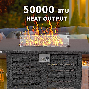 Essential Lounger 42 Inch Fire Pit Table, 50,000 BTU Rectangle Propane Gas Fire Pit, Outdoor Fire Pit Dining Table with Lid,Glass Wind Guard,Waterproof Cover,Lava Rocks - Steel