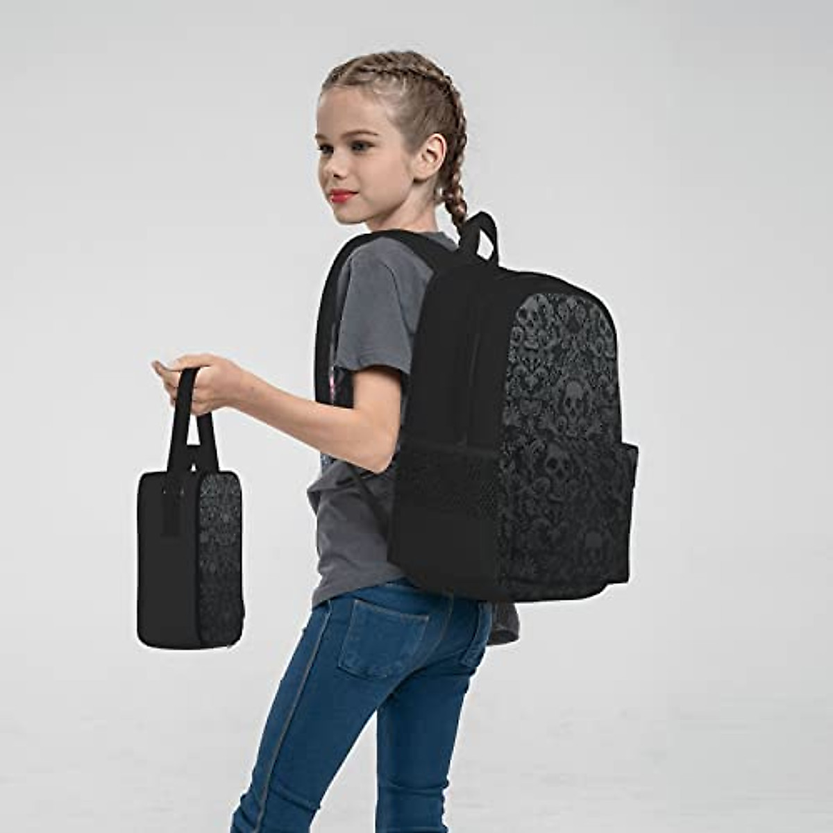 Carlonge Black Skull Gothic School Backpack for Boys Girls Teen 3 Pieces Set Cute School Bag with Lunch Bag Pencil Case, One Size