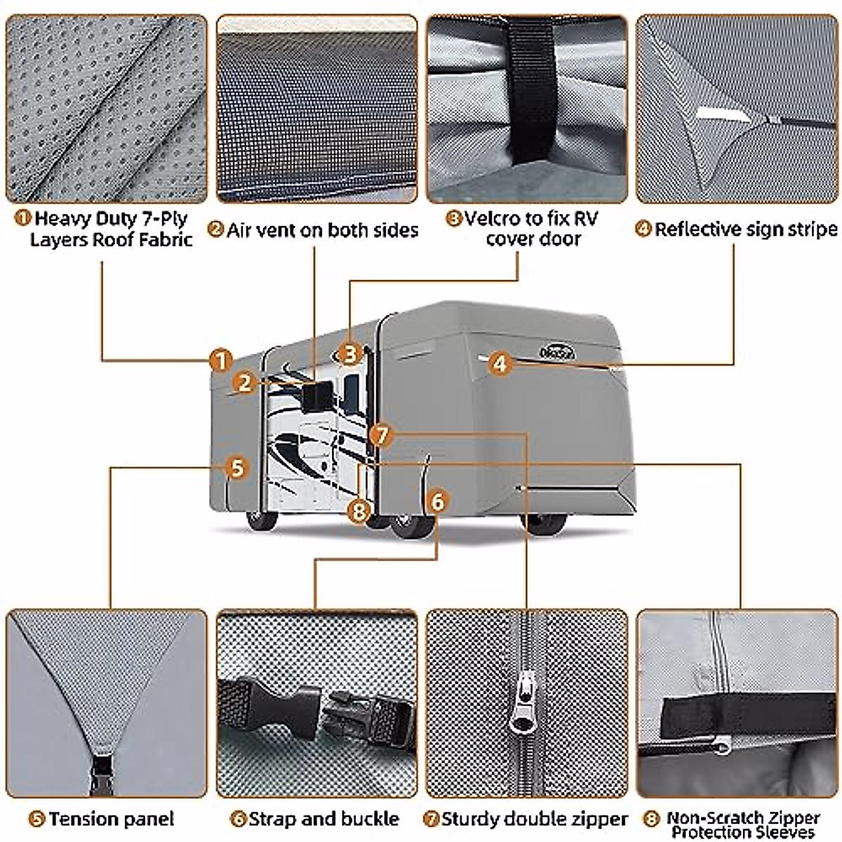 DikaSun RV Cover Class A 2022 Upgraded 6 Layers Heavy Duty Anti-UV Waterproof Windproof Breathable Class A Motorhome Camper Cover for 34-37ft with 2Pcs Extra Straps & 6 Gutter Covers