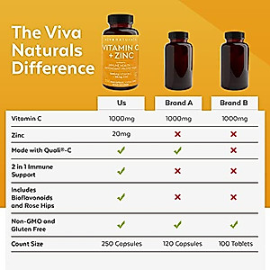 Vitamin C with Zinc (250 Veggie Capsules) - Vitamin C 1000mg and Zinc 20mg with Citrus Bioflavonoids and Rose Hips, Immune Support Supplement and Powerful Antioxidant