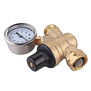 Water Pressure Regulator, Brass Lead-free Adjustable RV Water Pressure Reducer with Guage and Inlet Screened Filter, 160 PSI Gauge, By Kepooman (Gauge)