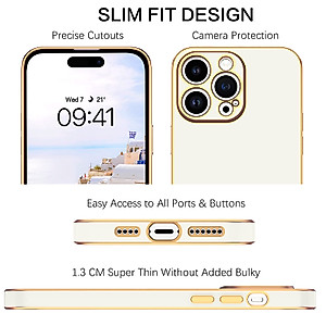 BENTOBEN Compatible with iPhone 14 Pro Max Case, Slim Luxury Electroplated Bumper Women Men Girl Protective Soft Case Cover with Strap for iPhone 14 Pro Max 6.7 inch,White/Gold