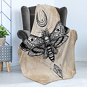 Ambesonne Fantasy Throw Blanket, Dead Head Hawk Moth Luna and Stone Magic Skull Illustration, Flannel Fleece Accent Piece Soft Couch Cover for Adults, 50" x 70", Black Beige