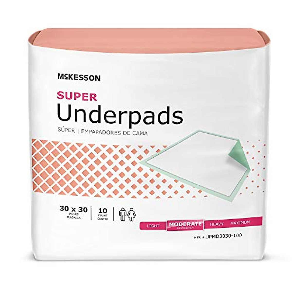 McKesson Super Underpads, Incontinence, Moderate Absorbency, 30 in x 30 in, 100 Count