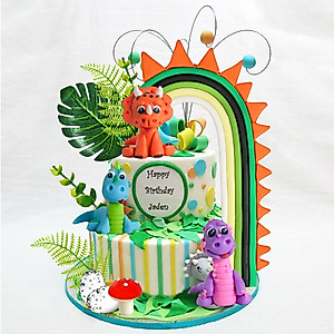 Dinosaur Cake Toppers Rainbow Cake Topper Dinosaur Eggs Leaves Baby Dinosaur Figurines Jungle Safari Cake Decoration for Birthday Baby Shower Party Supplies (Clay Dino)