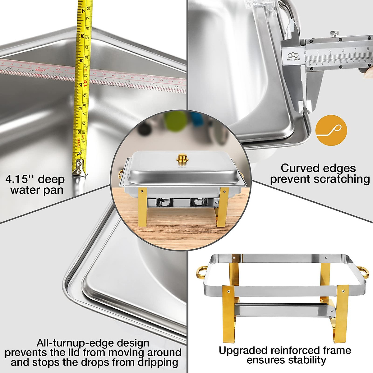 Restlrious Chafing Dish Buffet Set in Pack of 3, Stainless Steel 8 QT Rectangular Chafers and Buffet Warmers Set w/Food Pan, Water Pan, Fixed Frame Fuel Can for Catering Event Party Gathering