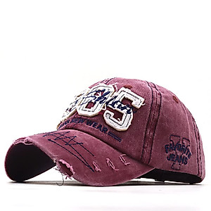 Washed Baseball Cap for Men Women Adjustable Distressed Denim Hat Dad Hat Trucker Hat (Red Wine), 6 3/4-7 1/2