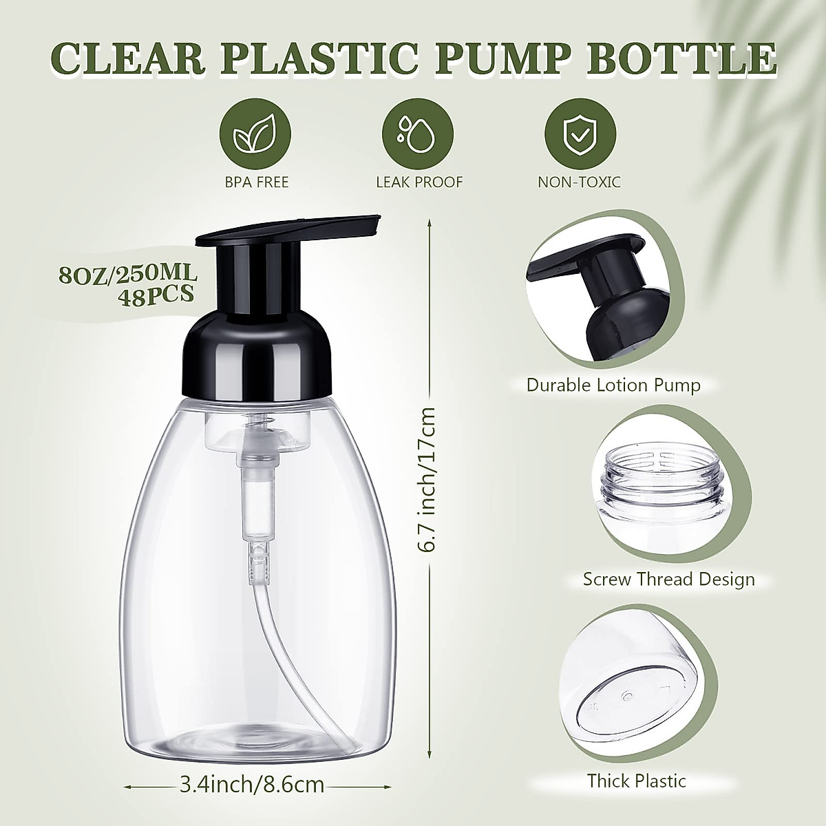 Nuenen 48 Pieces Foaming Soap Dispensers 8 oz Foaming Pump Bottle Plastic Hand Soap Dispenser with Pumps Empty Refillable Press Containers for Liquid Shampoo Bathroom Kitchen(White, Black)