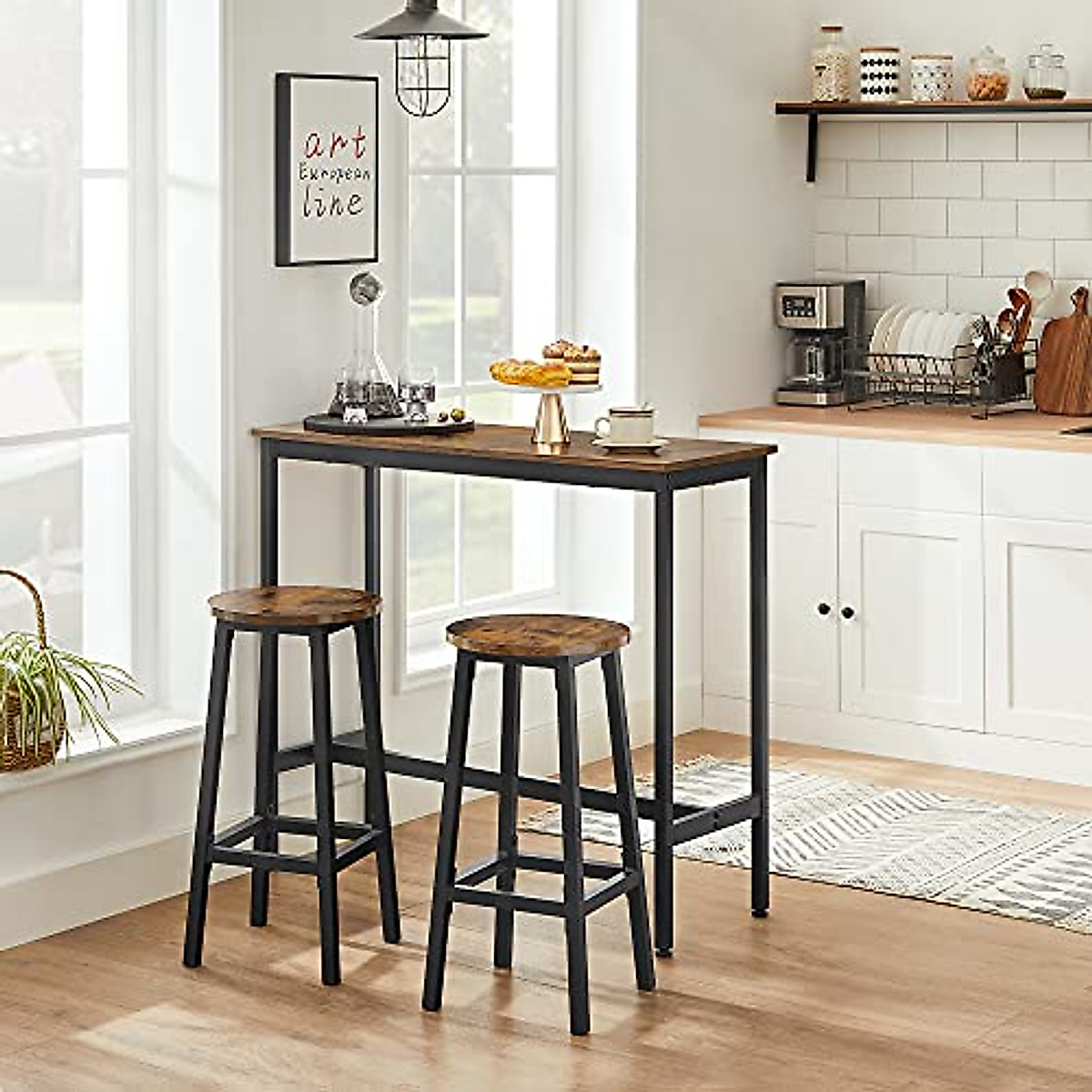VASAGLE Bar Table and Chairs Set, Kitchen Bar Table with Bar Stools Set of 2, Industrial Steel Frame, Dining Table Set, Rustic Brown and Black ULBT219B01
