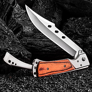 UDANJOVI 12.7 In Tactical Long Blade Folding Knife With Rosewood Handle And Sheath, Cool Outdoor Pocket Survival EDC Tool, Sharp Big Blade Fishing Camping Hunting Knives Gifts Ideas For Men Women